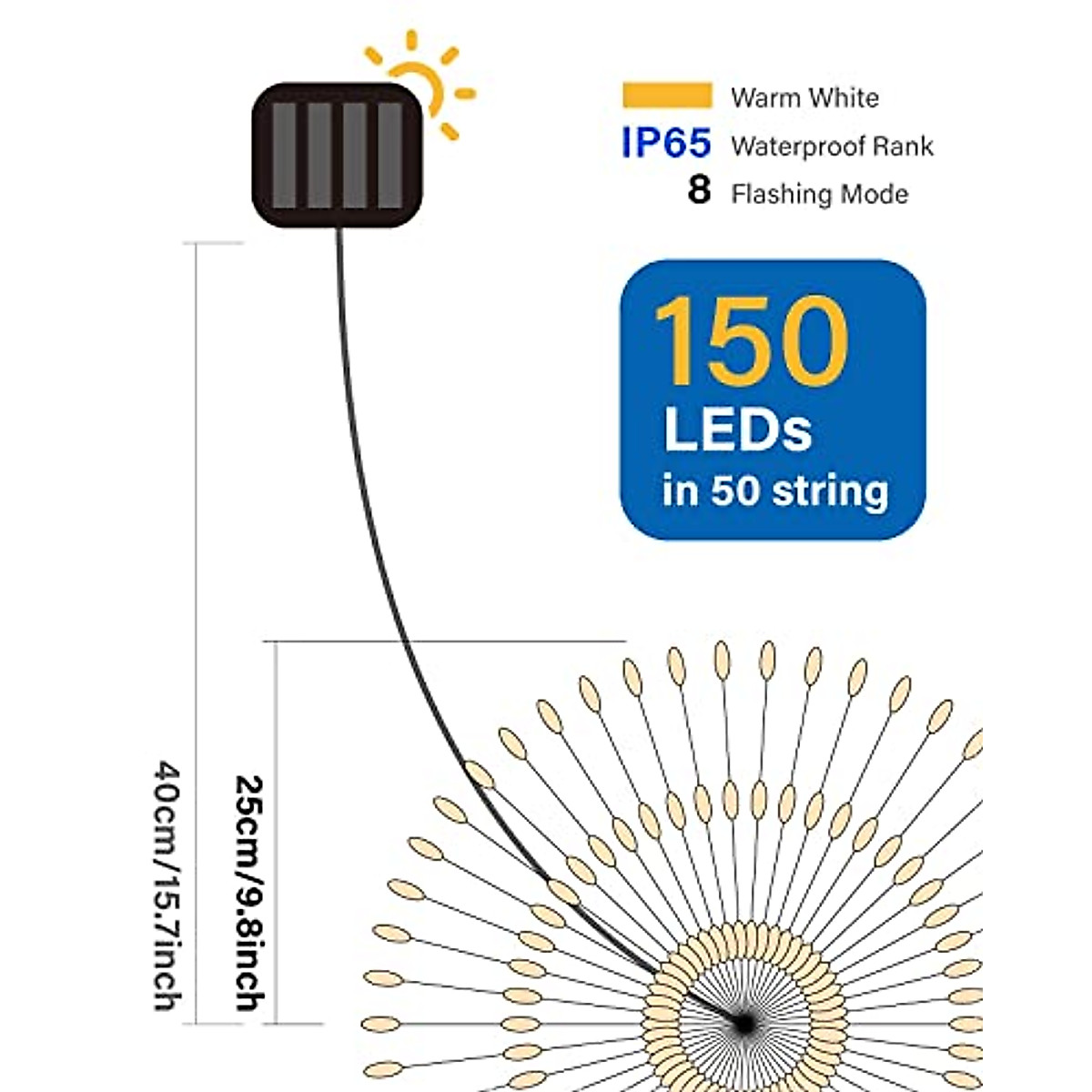 4 Pack Solar Fireworks Lights Clip On Lights 150 LED Waterproof Fairy String Lights 8 Modes Lighting Outdoor Lights Christmas Lights for Garden Patio Party Wedding Decorative (Warm White)