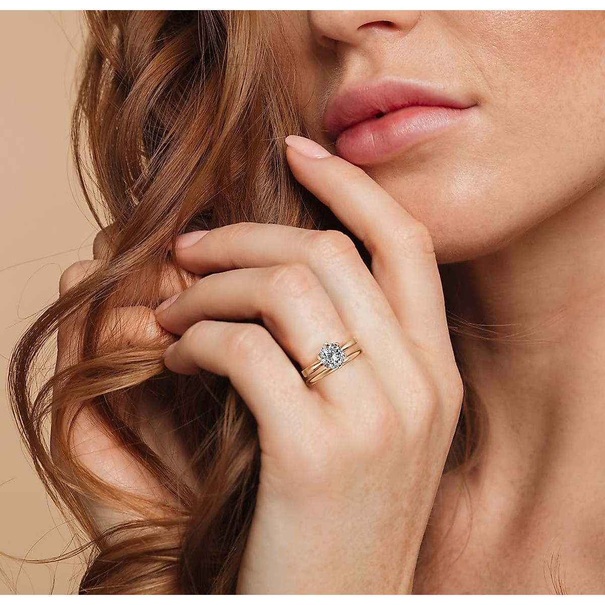 SILVERLINE JEWELRY Stainless Steel 2mm Wedding Band & Solitaire 7mm Round-Cut Cubic Zirconia Engagement Bridal Ring Set, Rose Gold Tone Size 6.5