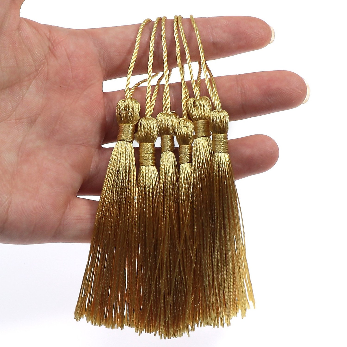 VAPKER 100 Pieces Light Gold 13cm/5-Inch Silky Handmade Soft Tassels Floss Bookmark Tassels with 2-Inch Cord Loop for Jewelry Making, DIY Projects, Bookmarks