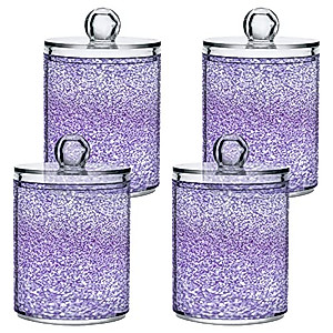 Purple Glitter Qtip Holder Dispenser Girly Bling Bathroom Canister Storage Organization 4 Pack Clear Plastic Apothecary Jars with Lids Vanity Makeup Organizer For Cotton Swab Ball Floss