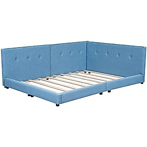 ATY Upholstered Queen Size Daybed with 2 USB Ports, Sofa Bed Platform Bedframe with Slat Support, No Box Spring Needed, for Bedroom, Livingroom, Guestroom, Easy Assembly, Blue