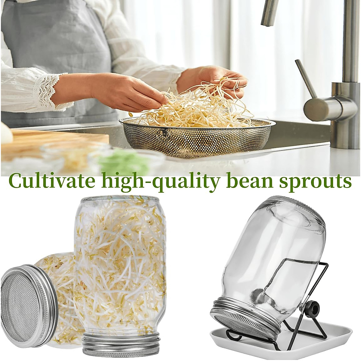 Lulonpon 2 Sprouting Jar Kit, Wide Mouth Quart Mason Jars with Stainless Steel Screen Sprout Lids, 86mm,1000ml,Stand,Tray and Canning Brush,Seed Sprouter Set for Growing Broccoli, Alfalfa, Mung Bean