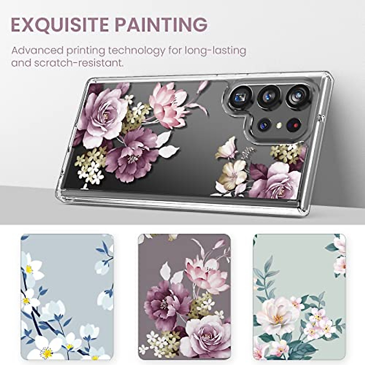 DagoRoo for Samsung Galaxy S23 Ultra Case with Tempered Glass Screen Protector, Girls Women Crystal Clear Flower Pattern Cases, Slim Fit Soft TPU + PC Shockproof Cover for Galaxy S23 Ultra (Purple)