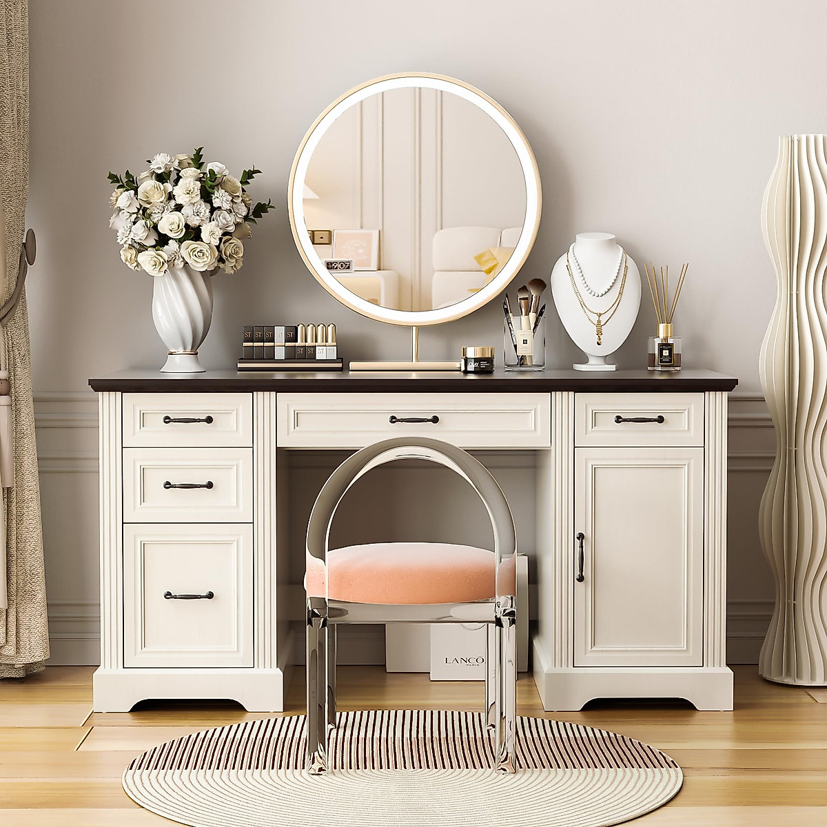 Spurgehom 58-Inch Executive Desk, Farmhouse Computer Desk with Drawers and Storage Cabinet, Wooden Home Office Desk Workstation, Study Writing Table, White&Black