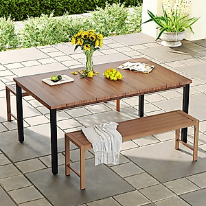 DIFY 3 Pcs Outdoor Furniture Set, Patio Dining Set with Metal Frame Rectangular Picnic Table and Outdoor Metal Backless Benches for Balcony, Poolside and Deck, Walnut