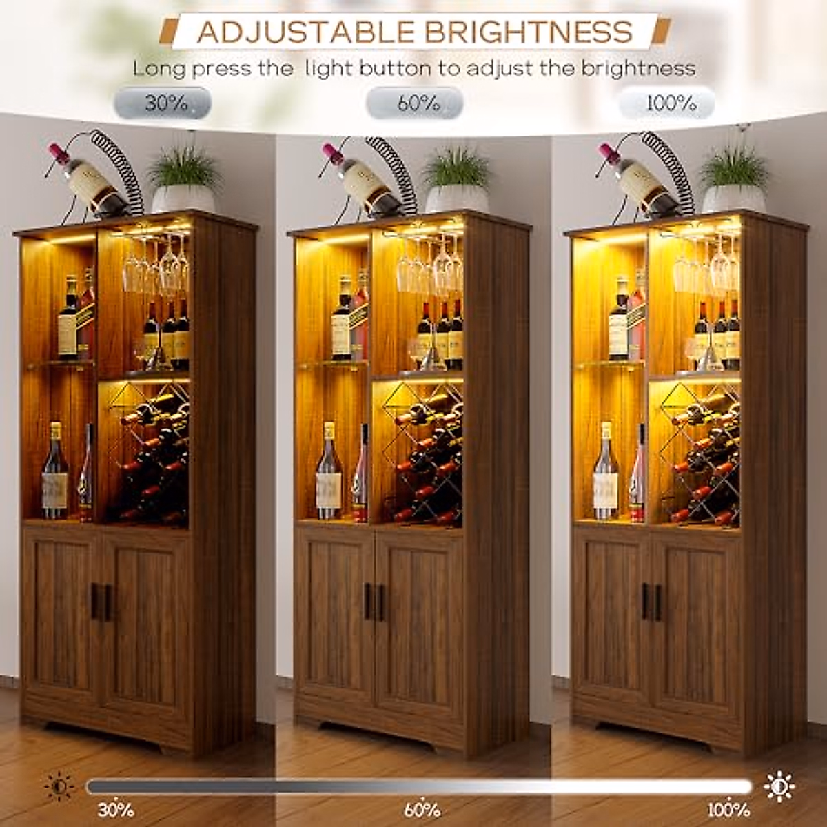 Kasibie Wine Cabinet, Wine Bar Cabinet with LED Lights, Liquor Cabinet with Glass Holder Wine Rack, Farmhouse Modern Liquor Cabinet with Storage for Home (Brown)