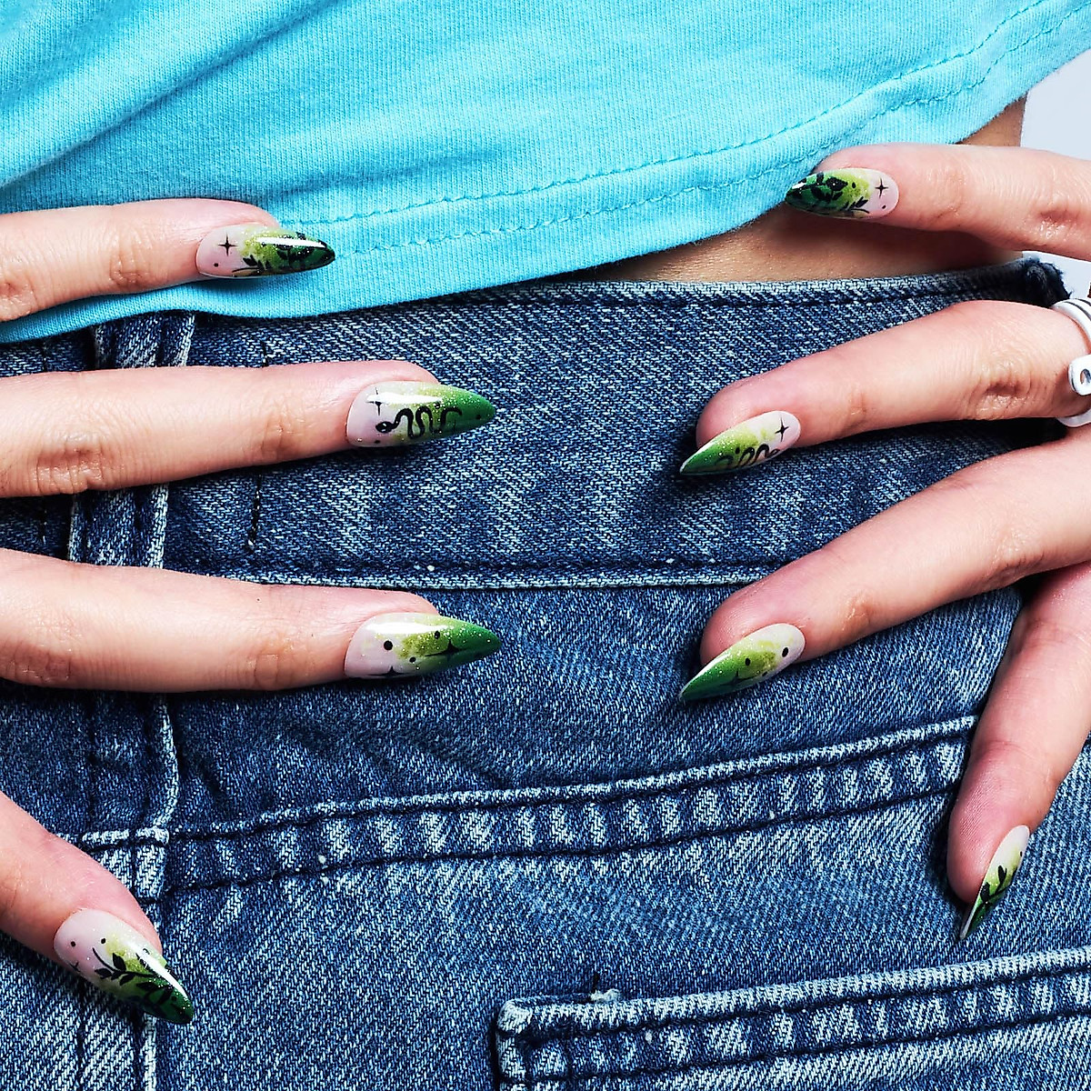 GLAMERMAID Press on Nails Almond,Green Gel False Nails with Design,24 PCS Glue on Nails,Reusable Acrylic Stick on Nails Tips Manicure Set for Women,Urban Jungle