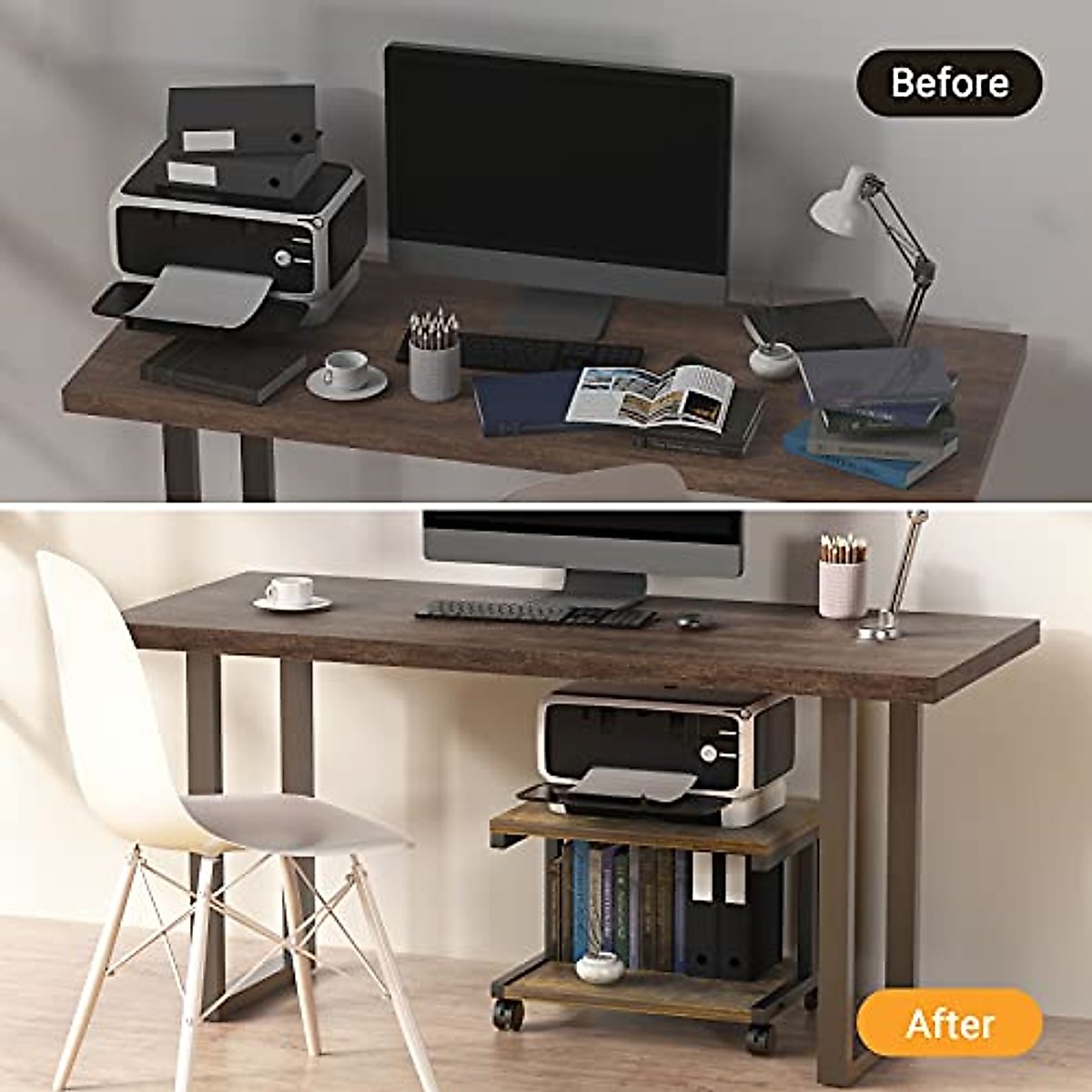 AMERIERGO Printer Stand, Printer Table with Storage, Under Desk Printer Stand with 4 Wheels & Lock Mechanism, 2 Tier Printer Cart for Printer, Scanner, Fax, Home Office Use