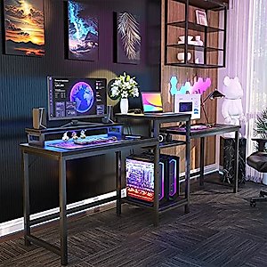 Unikito 2 Person Computer Desk with LED Light and Power Outlet, Double Gaming Desk, Large Workstation with Storage and Printer Stand, Long Desk, Office Work Desk with Shelf, Writing Study Table, Black