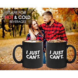 Bubble Hugs Brand Parody Coffee Mug 11oz Black - I JUST CAN'T - Funny Hype Sportswear Joke Quotes Gag Slang Slogan Do It