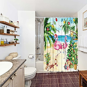 Allenjoy 72" x 72" Pink Christmas Flamingo Shower Curtain Set with Hooks Tropical Beach Themed Funny Summer Xmas New Year Holiday Home Farmhouse Bathroom Bathtubs Decor Washable Durable Fabric