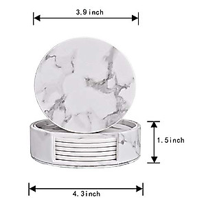 WAYIFON Coasters for Drinks, 6 PCS Premium PU Leather Coaster, Heat Resistant Drink Coaster with Holder - Protect Table from Stains Water Rings and Damage - Housewarming Gift - Marble White Pattern