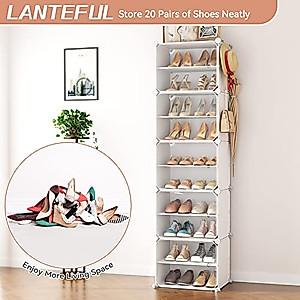 LANTEFUL 10 Tiers Tall Shoe Rack 20 Pair Shoe Organizer Narrow Shoe Rack with Door Portable Shoe Storage Cabinet with Hooks Sturdy Plastic White Shoe Rack for Entryway and Bedroom