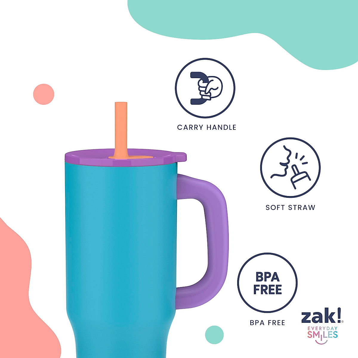 Zak Designs Sutton Travel Tumbler for On the Go, 40oz Stainless Steel with Vacuum Insulation, Silicone Straw, and Carry Handle for Cold Drinks (Cream White)