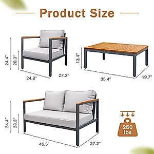 Greesum 4 Piece Furniture Patio Lounge Conversation Set Solid Wood Armrest & Table Top Anti-Drop Thick Waterproof Cushion, Onesize, Light Beige