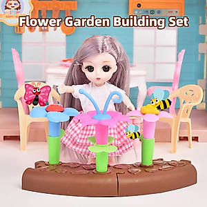 RASSR Doll House Kit 4-5 Year Old with Dollhouse Furniture & Accessories, Toddler Girls Princess Doll House 2-3 Year Old with Lights, Chimney and Garden Building Toys, DIY Pretend Dollhouse Playset