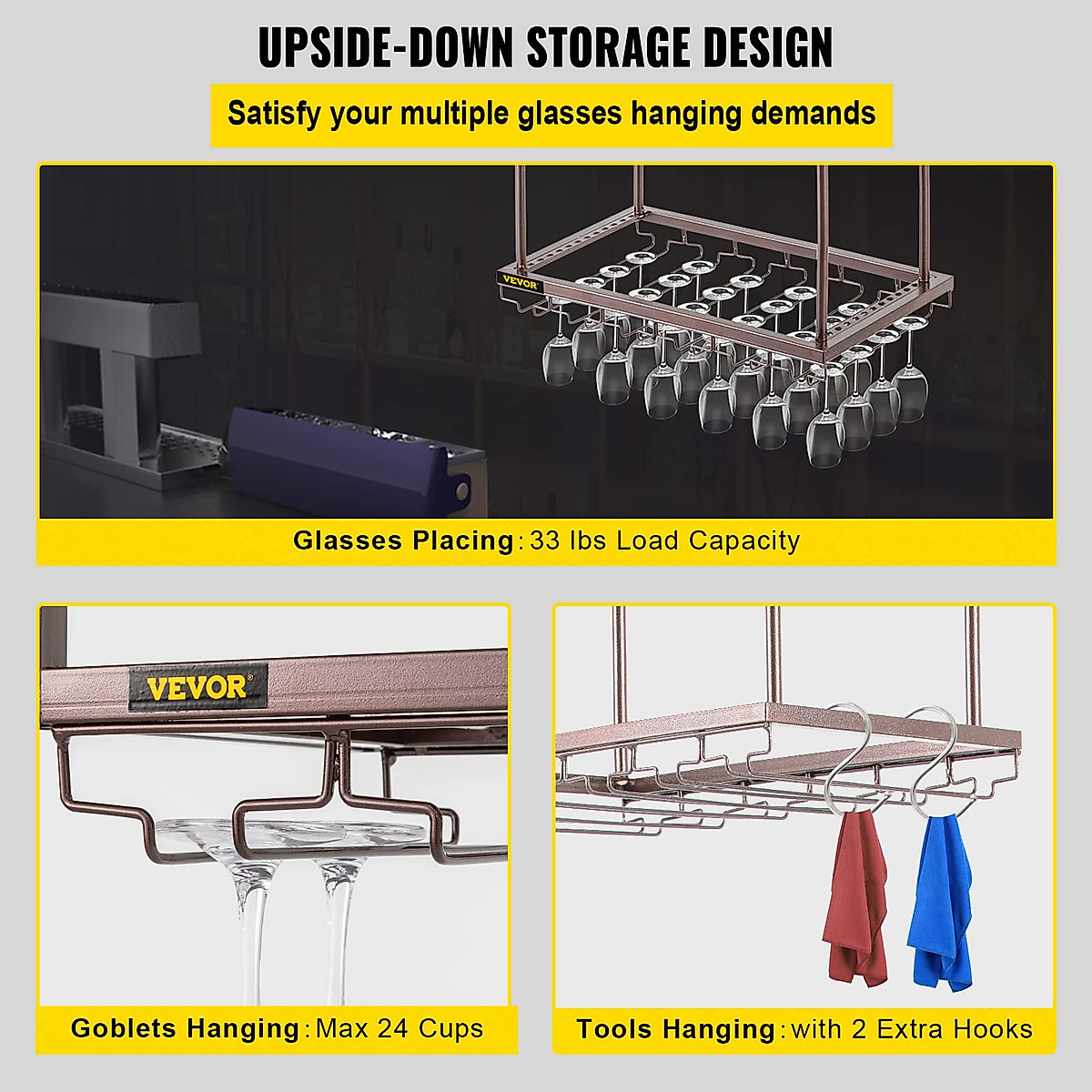 VEVOR Ceiling Wine Glass Rack, 23.6 x 13.8 inch Hanging Wine Glass Rack, 18.9-35.8 inch Height Adjustable Hanging Wine Rack Cabinet, Coppery Wall-Mounted Wine Glass Rack Perfect for Bar Cafe Kitchen