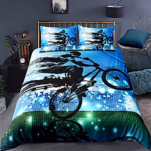 Boys Bedding Set,Dirt Bike Sports BMX Rider Silhouette Blue Halftone Effect Extreme Background,Decor Comforter Cover Full Size 3 Pcs (1Duvet Cover +2 Pillowcases),Zipper