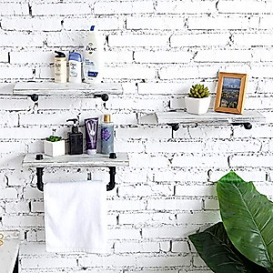 MyGift Wall Mounted White Washed Solid Wood Floating Shelf Organizer, 3 Piece Set Mounted Bathroom Display Shelf with Towel Bar and Industrial Metal Pipe Brackets