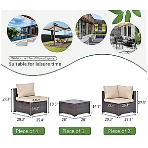 Grezone 7 Pieces Outdoor Sectional Furniture High Backrest Patio Sofa, All-Weather PE Rattan Patio Conversation Set with Coffee Table & Cushions and Black-Glass Table (Cream)