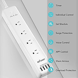 BN-LINK Smart Power Strip Compatible with Alexa Google Home, Smart Plug WiFi Outlets Surge Protector with 4 USB 4 Charging Port Multi Plug Extender,15A