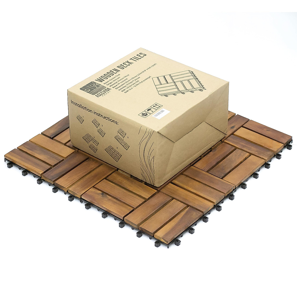 ASESVIDA Acacia Interlocking Deck Tiles - Premium 9 Pack Outdoor Flooring 12 Slats - Waterproof, Durable Wood Patio Tiles for Garden, Balcony, Backyard - Ring Joint Design (12 slats, Acacia, 9)