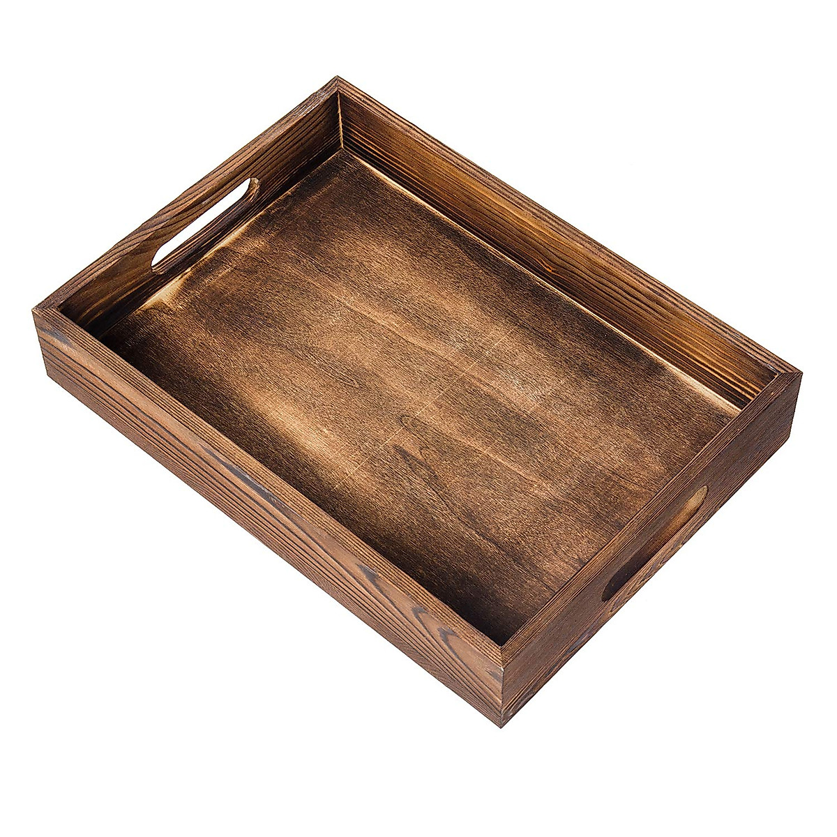 Liry Products Rustic Brown Wood Food Serving Tray Cutout Handles Breakfast in Bed Coffee Wine Rectangular Ottoman Nesting Crate Tabletop Storage Box Desktop Document Holder Party Office Home Kitchen