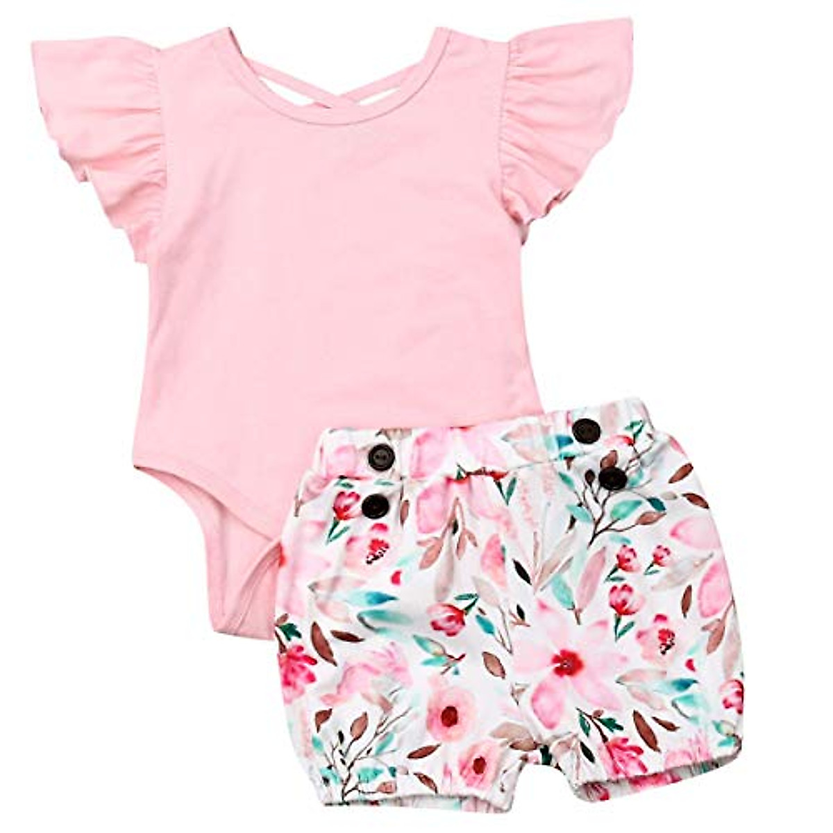 Multitrust Newborn Baby Girl Cotton Ruffled Short Sleeve Bodysuit Tops + Floral Shorts Baby Girl Clothes Set (A3 Pink, 12-18M)