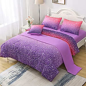 JQinHome Twin Pink Purple Comforter Set, 6 Piece Bed in A Bag 3D Colorful Bedding Set for Girls Kids (1 Comforter,2 Pillowcases,1 Flat Sheet,1 Fitted Sheet,1 Cushion Cover)(Pink Purple)