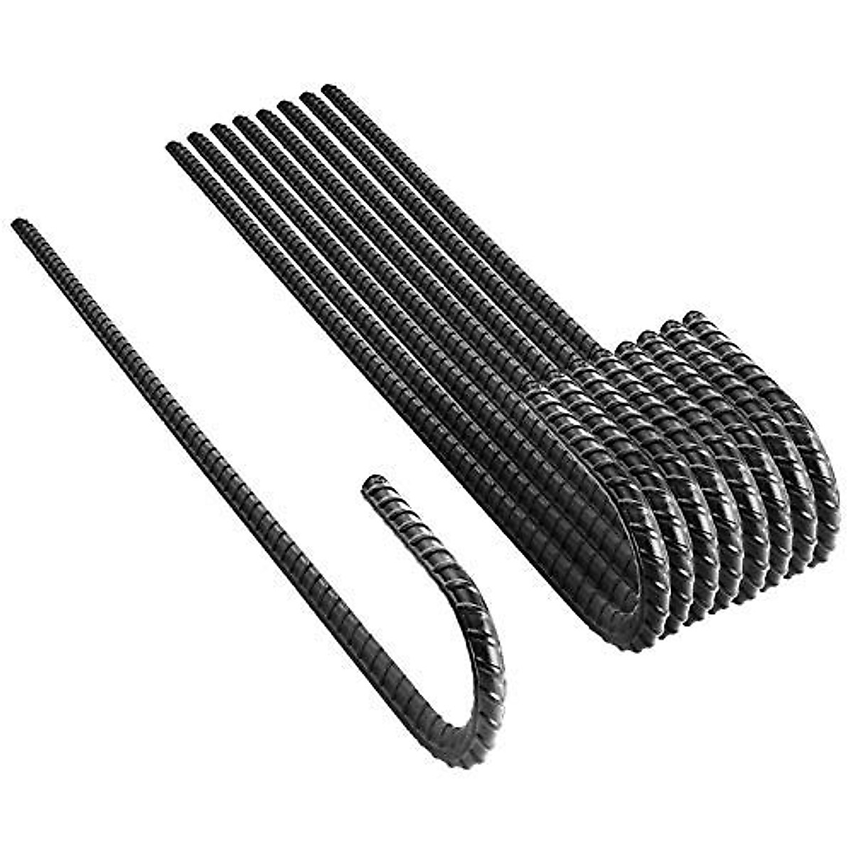 NHZ 16” Ground Rebar Stakes (8pcs) Heavy Duty J Hook Ground Anchors, Curved Steel Plant Support Garden Stake with Chisel Point end, Hammer Through Hard Soil for Camping Tent - Black Powder Coated