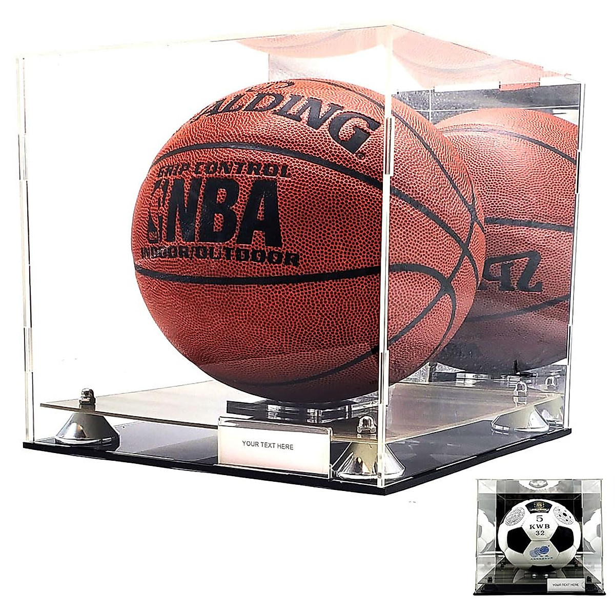 Basketball Display Case Full Size, Clear Acrylic with Mirror & 2 Level Riser UV Protection, Square Box Collectible Memorabilia
