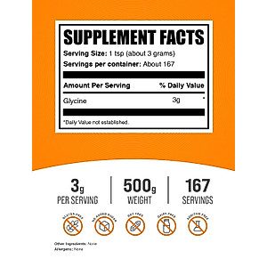 BulkSupplements.com Glycine Powder - Glycine Supplements, Glycine 3000mg - Glycine Amino Acid Supplement, Pure & Gluten Free - 3000mg per Serving, 500g (1.1 lbs) (Pack of 1)