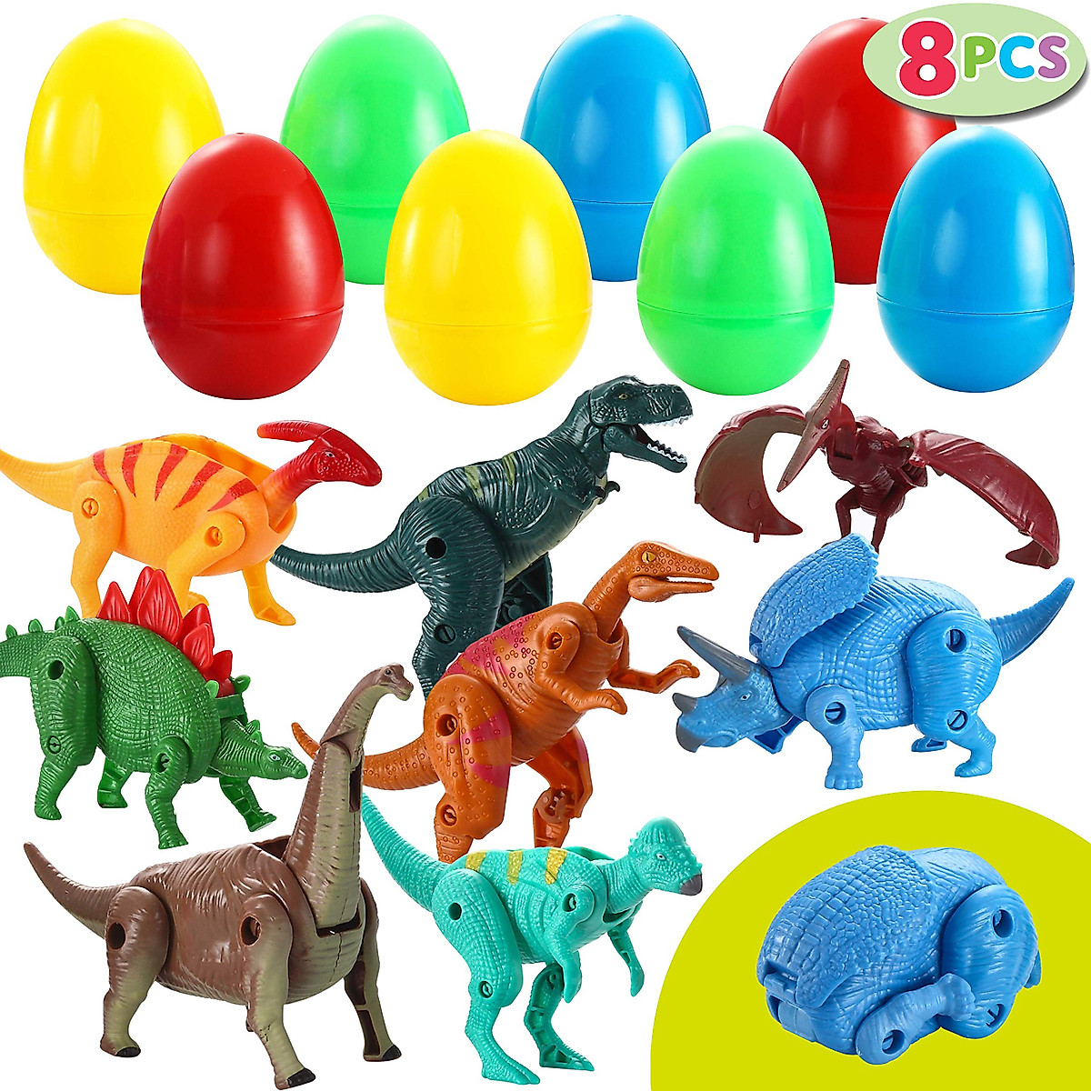JOYIN 8 PCs Easter Prefilled Hatching Eggs Filled with Deformable Transforming Dinosaur with Movable Joints for Easter Basket Stuffers, Easter Theme Party Favors, Classroom Prize Supplies