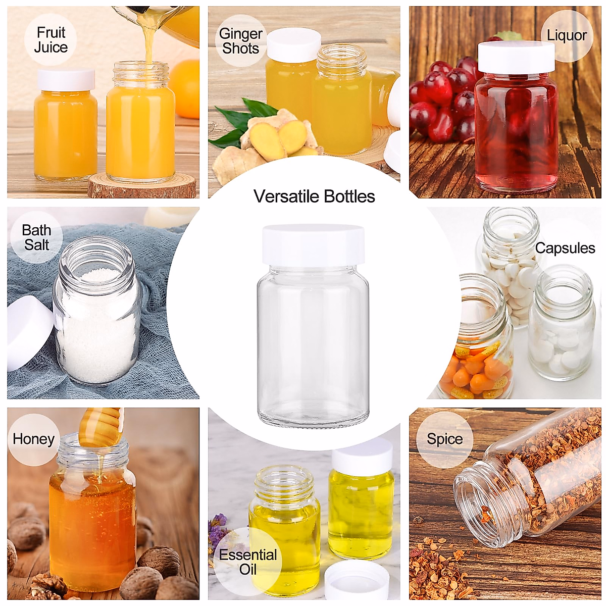 HINGWAH 12 Pack 2 OZ Glass Shot Bottles with Caps, 60 ML Empty Wellness Juice Shot Bottles, Reusable Clear Glass Bottles for Juice, Shots and Homemade Beverages