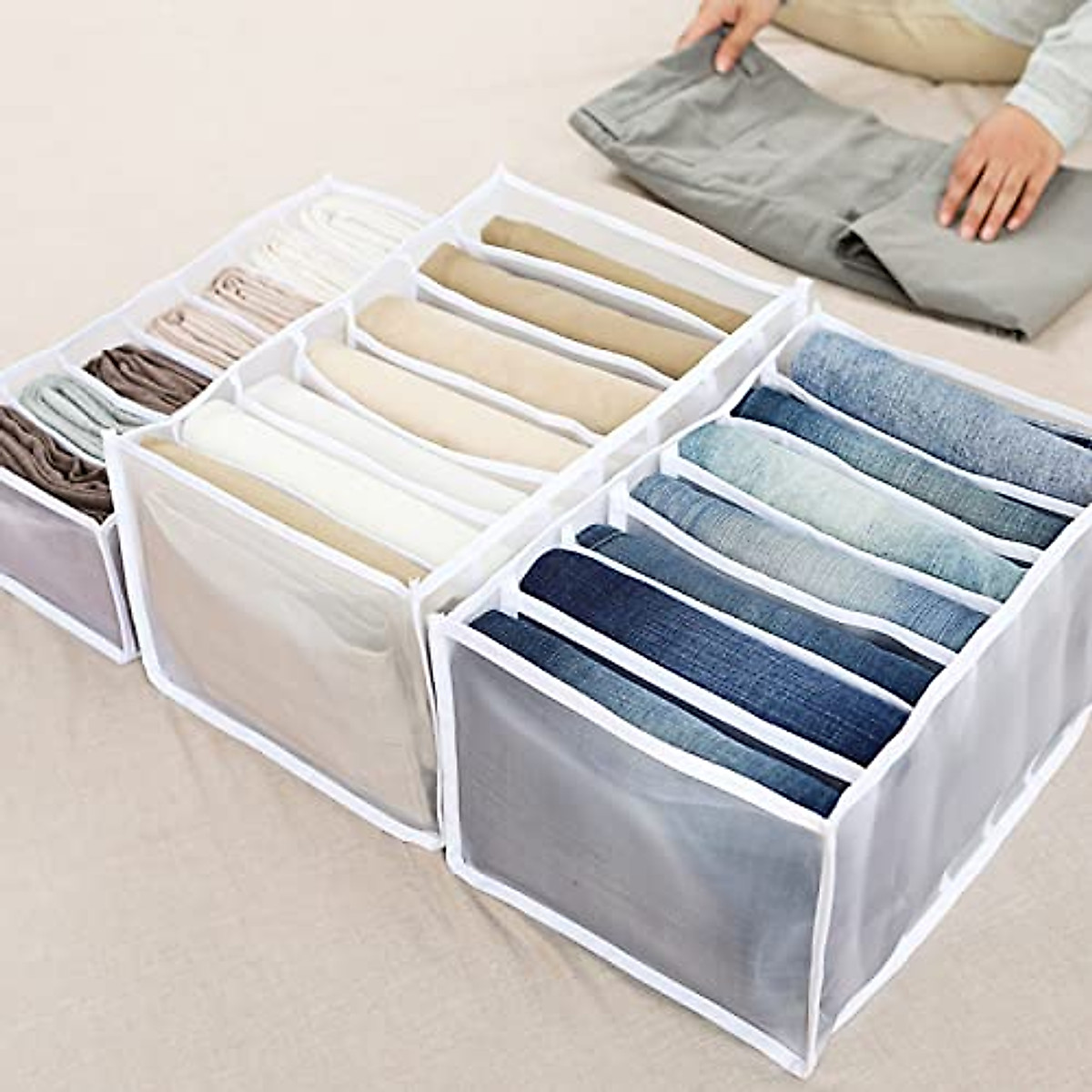 JIAANG 2Pcs Wardrobe Clothes Organizer, Jeans Compartment Storage Box Foldable Closet Drawer Organizer, Portable Storage Containers for Bedroom Dorm Room (White,Large)