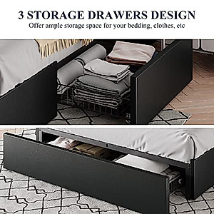 Allewie Queen Size Platform Bed Frame with 3 Storage Drawers, Faux Leather Upholstered, Wooden Slats Support, No Box Spring Needed, Easy Assembly, Black