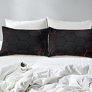 Honeycomb Duvet Cover Honeycomb Modern Geometry Hexagon Theme Bedding Set for Kids Boys Children Geometrical Comforter Cover Set Ultra Soft Beehive Black Red Decor Bedspread Cover Twin Size Zipper
