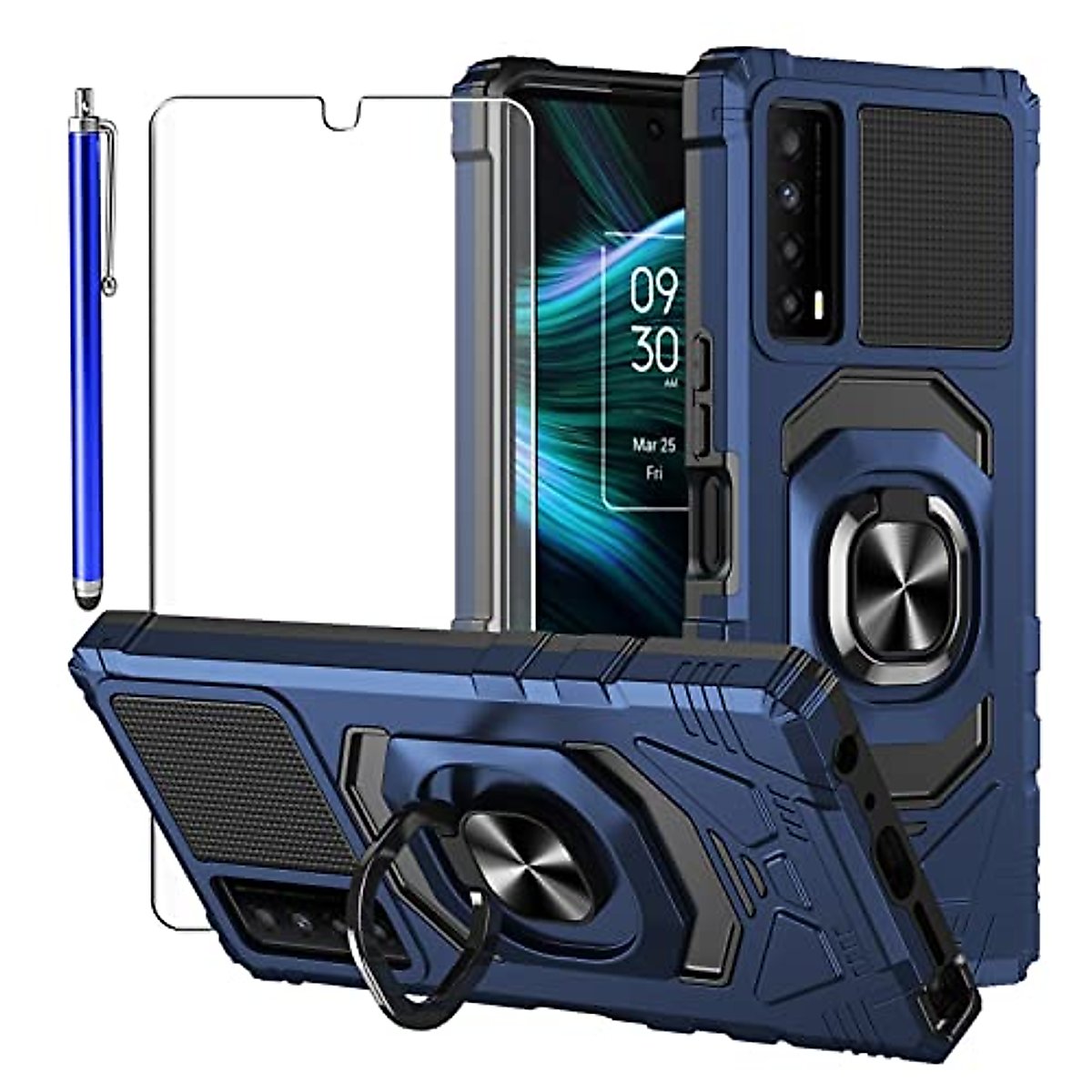 for TCL Stylus 5G Case with Tempered Glass Screen Protector, Heavy Duty Protection Technology Built-in Kickstand Rugged Shockproof Protective Phone Case for TCL Stylus 5G,(Blue)