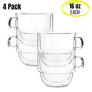 BTaT- Stackable Insulated Coffee Mugs, 4 Pack 16 oz(500 ml), Ideal for Hot and Cold Drinks, Stackable Cappuccino Cups, Double Wall Glass Coffee Cups, Tea Cups, Latte Cups, Beer Glasses, Latte Mug