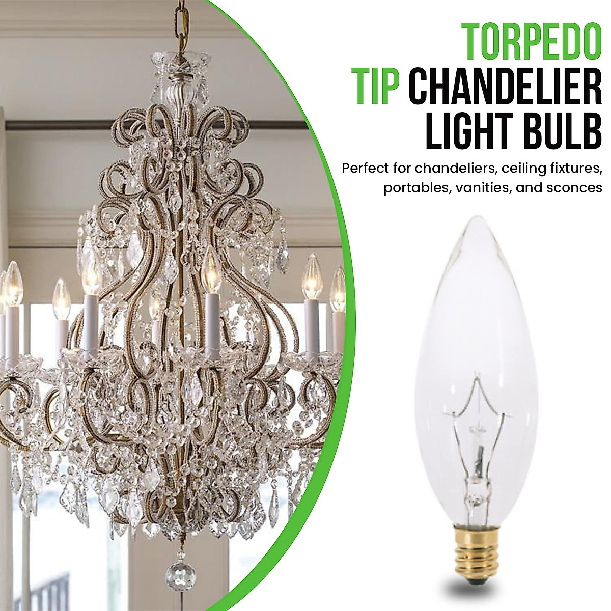BULBMASTER Blunt Tip Decorative Candle Light Bulbs CTC Chandelier Bulbs Torpedo Tip Incandescent Light Bulbs, E12 Candelabra Light Bulb Base, Soft White, Pack of 12 (25W-TORPEDO-12PK)