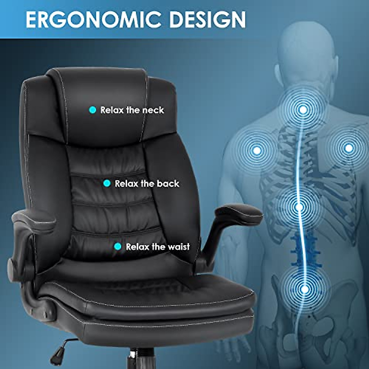Office Chair Desk Chair Computer Chair with Lumbar Support Adjustable Armrest Task Chair Rolling Swivel PU Leather H High Back Ergonomic Chair for Back Pain (Black)