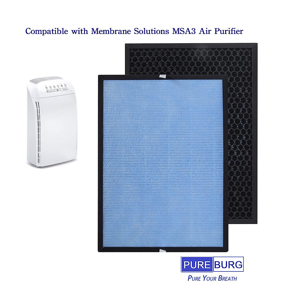 PUREBURG Replacement Filter Compatible with Membrane Solutions MSA3 MSA3S MSA3W MSA3-W Air Purifiers,2-Pack H13 HEPA Activated Carbon 3-Stage Filtration
