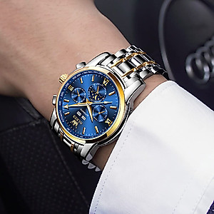 OLEVS Automatic Men Watch Self Winding Mechanical Luxury Dress Moon Phase Stainless Steel Blue Face Waterproof Luminous Calendar Wrist Watch