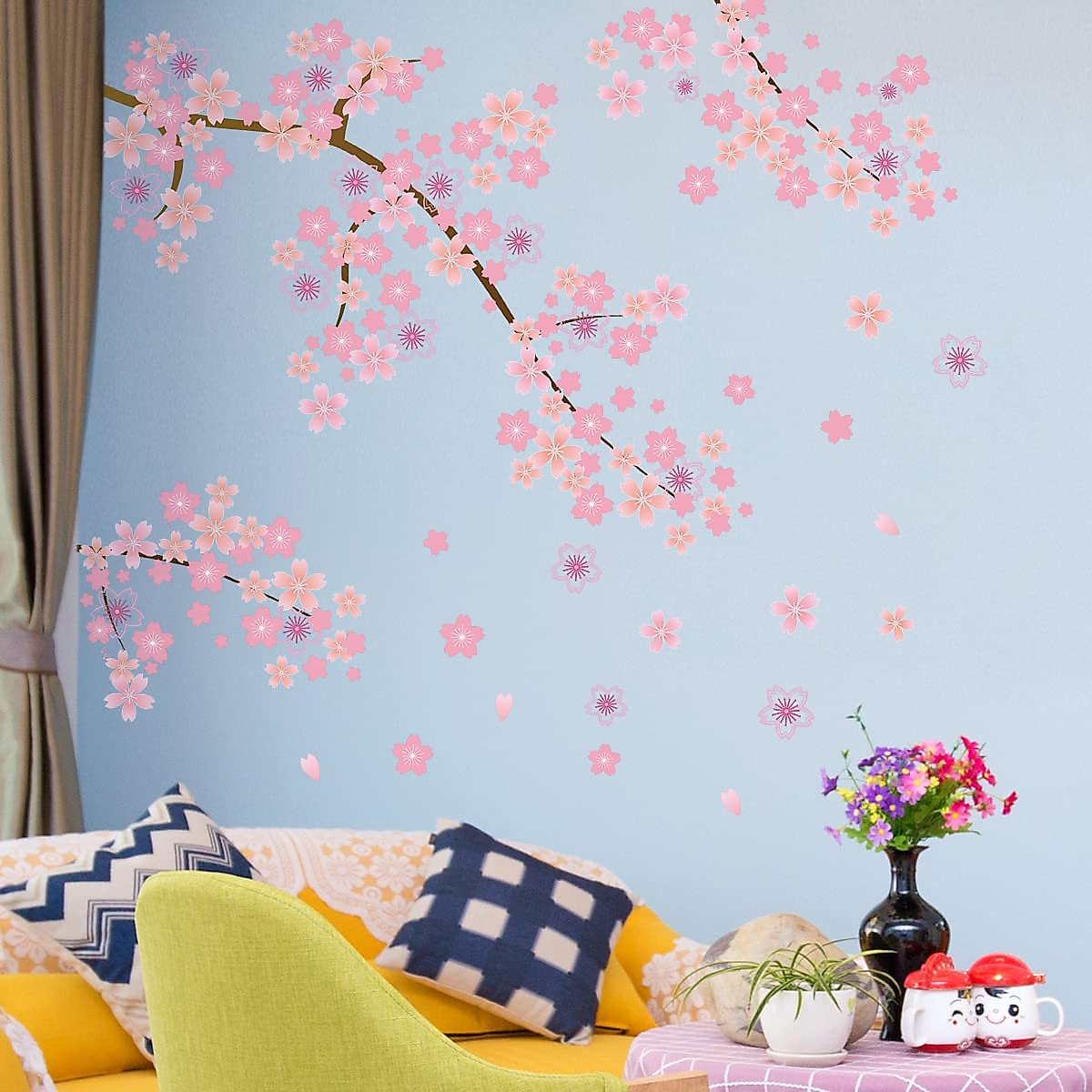 RW-045 Giant Pink Peach Blossom Wall Decals Plum Flowers Tree Branches Wall Stickers DIY Removable Cherry Floral Trees Petals Wall Decor for Kids Girls Bedroom Living Room Nursery Office Decoration