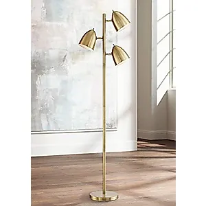 360 Lighting Aaron Mid Century Modern Tree Floor Lamp 64" Tall Aged Brass Gold Metal Adjustable Swivel 3-Light Dome Shade Decor for Living Room Reading House Bedroom Home Office House