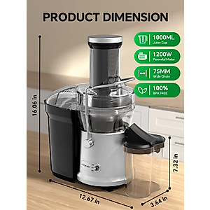 Juicer, 1200W Juicer Machine with 3" Feed Chute for Whole Fruits and Vegs, Dual Speeds Centrifugal Juice Extractor, High Juice Yield, Full Copper Motor, Easy to Clean, BPA Free