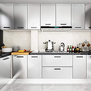 Kitchen Waterproof Oil Proof Aluminum Foil Sticker, Silver Chequer Peel and Stick Wallpaper Removable and Self Adhesive Paper for Kitchen Countertops Desk Cabinet (15.7"x118", Silver Chequer)