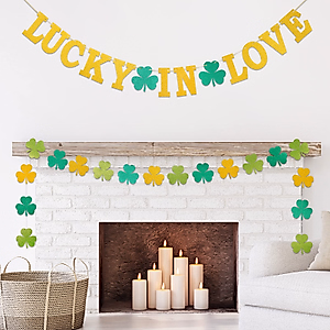 Whaline 2Pcs St. Patrick's Day Banner Glitter Gold Green Lucky Shamrock Clover Hanging Bunting Garland DIY Irish Style Banner for Party Home Office Mantel Fireplace Wall Decoration