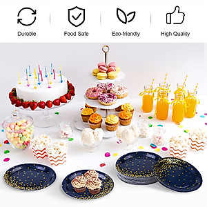 Aneco 60 Pieces 9 Inches Disposable Paper Plates Blue and Gold Foil Dot Dessert Plates Round Paper Plates for Wedding Bridal Shower Birthday Party Decorations