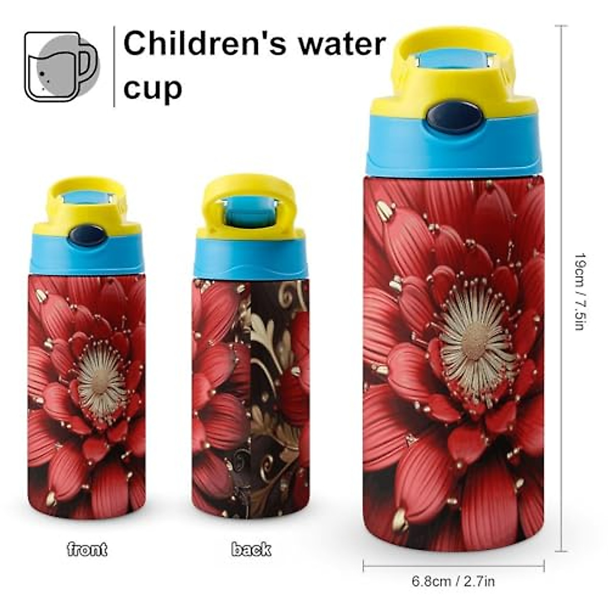 Stainless Steel Water Bottles Red Gold Flower Travel Water Cups with Handle And Silicone Straw Drinking Cup with Leak Proof Lid Thermo Travel Mug for Women Men